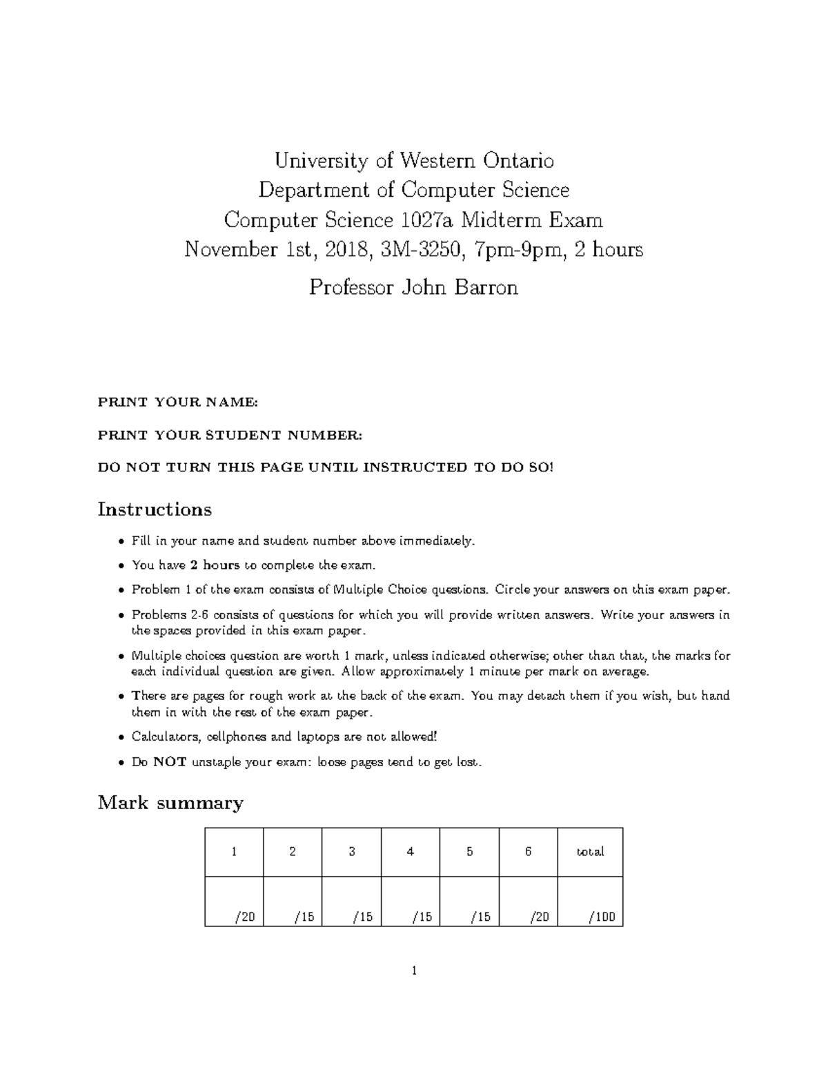 Midterm exam 2018, questions - University of Western Ontario Department ...