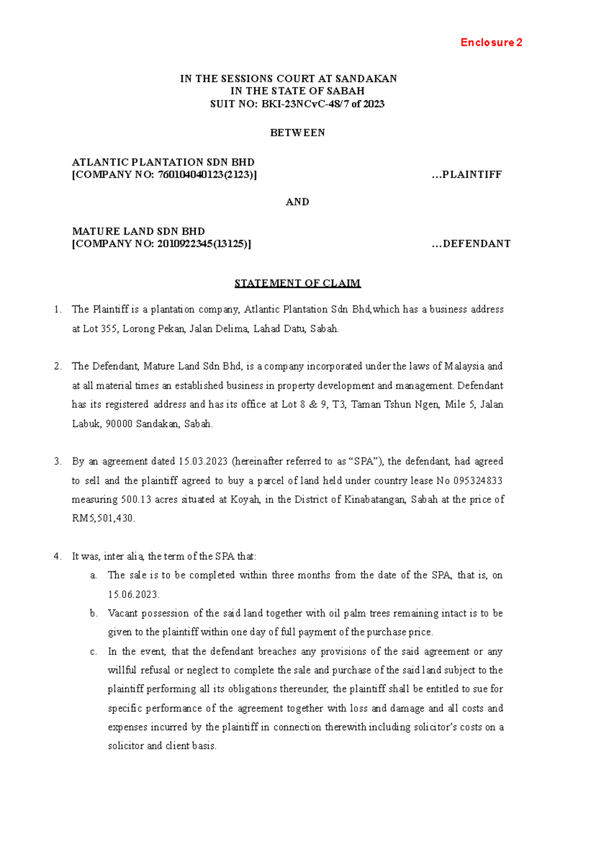 Enclosure 2 - Statement OF Claim - Enclosure 2 IN THE SESSIONS COURT AT ...