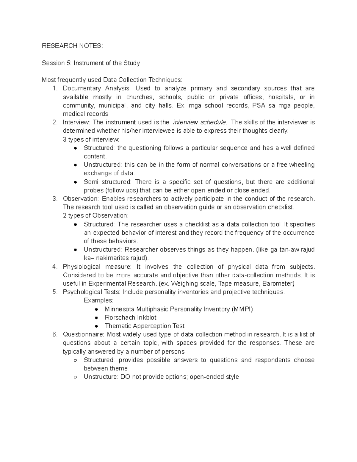 Research Data Collection - RESEARCH NOTES: Session 5: Instrument of the ...