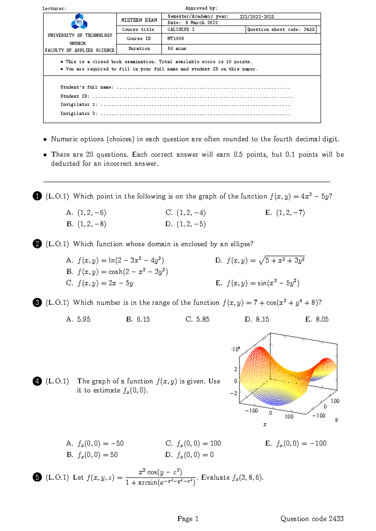 Midterm exam-222 - Đề ôn giữa kỳ - Lecturer: Approved by: Question sheet code: 2433 UNIVERSITY ...