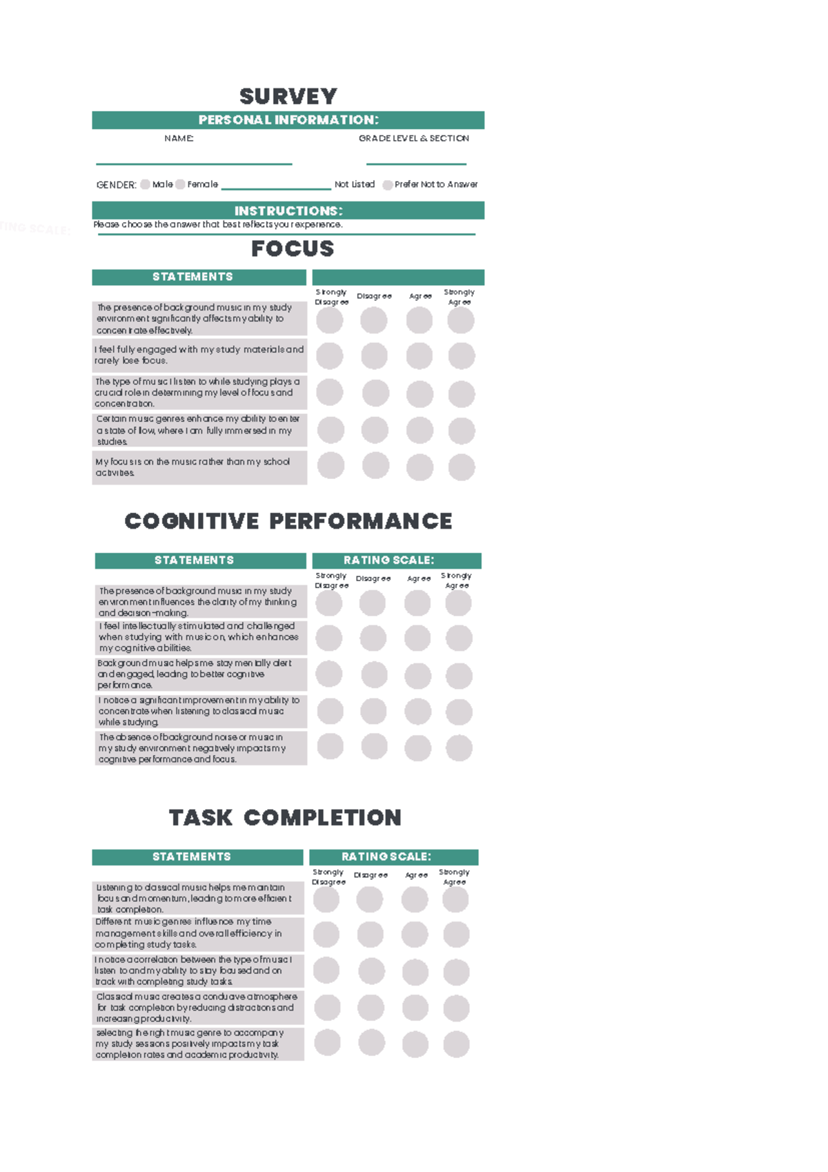 Survey Questionnaire - Male SURVEY PERSONAL INFORMATION: GENDER: Female ...