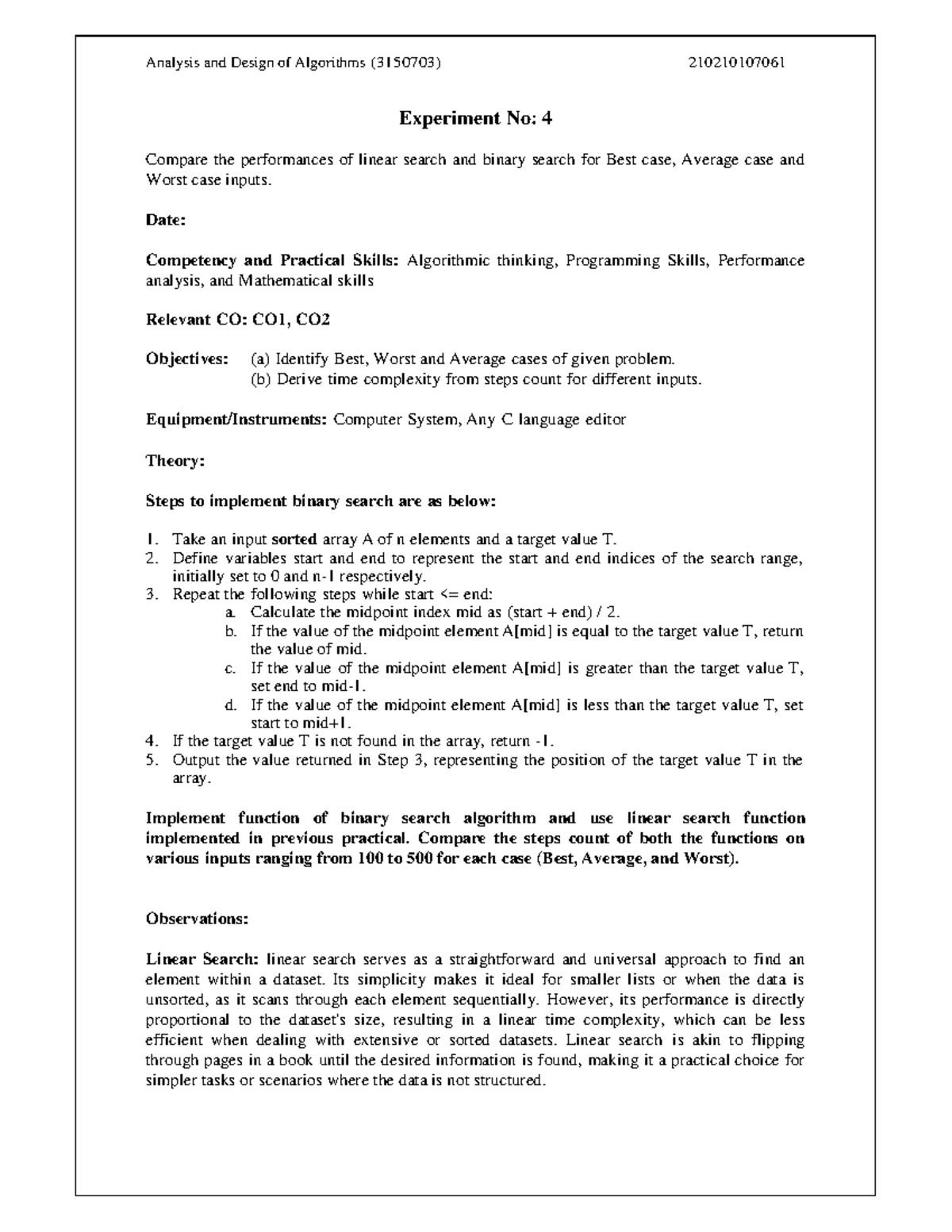 ADA P4 - ... - Experiment No: 4 Compare the performances of linear ...