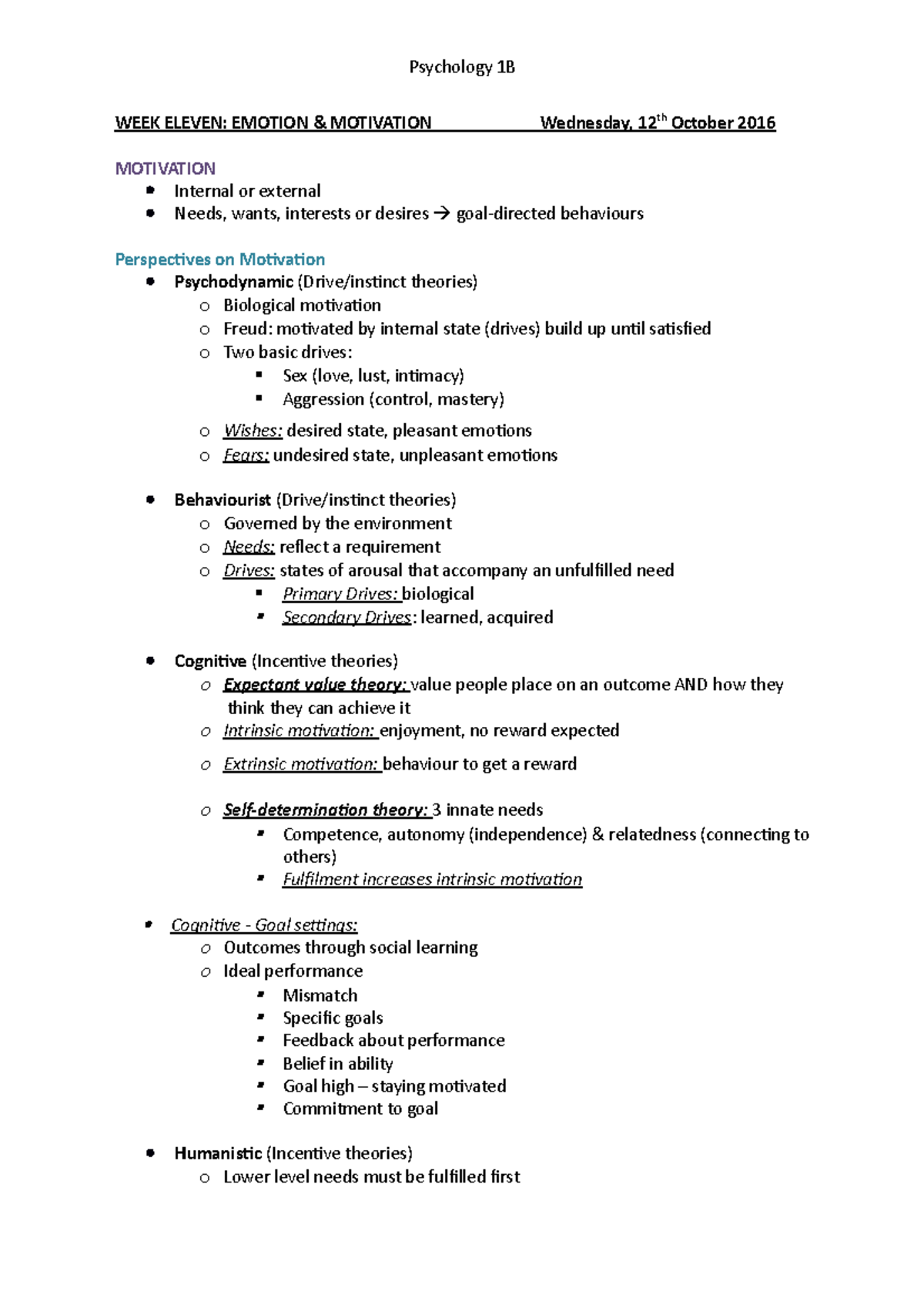 Emotion & Motivation - Lecture Notes - WEEK ELEVEN: EMOTION ...