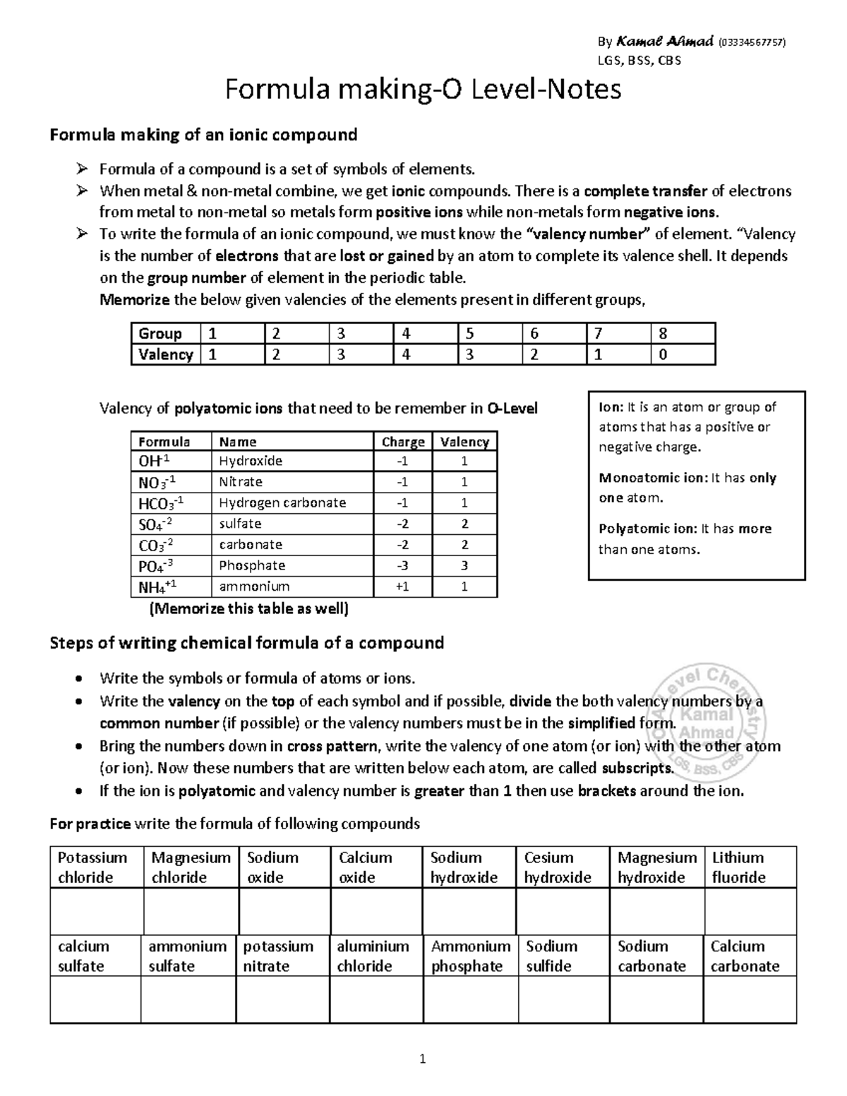Formula making & balancing equations-OL-Notes - By Kamal Ahmad ...