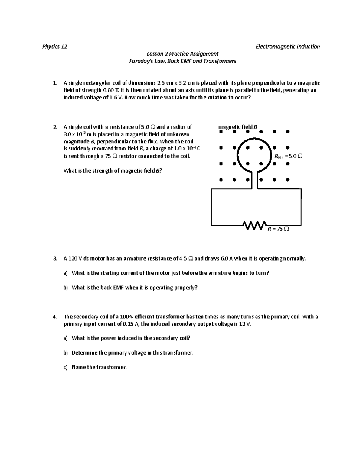 Assignment - 29 - Physics - 12 - Physics 12 Electromagnetic Induction ...