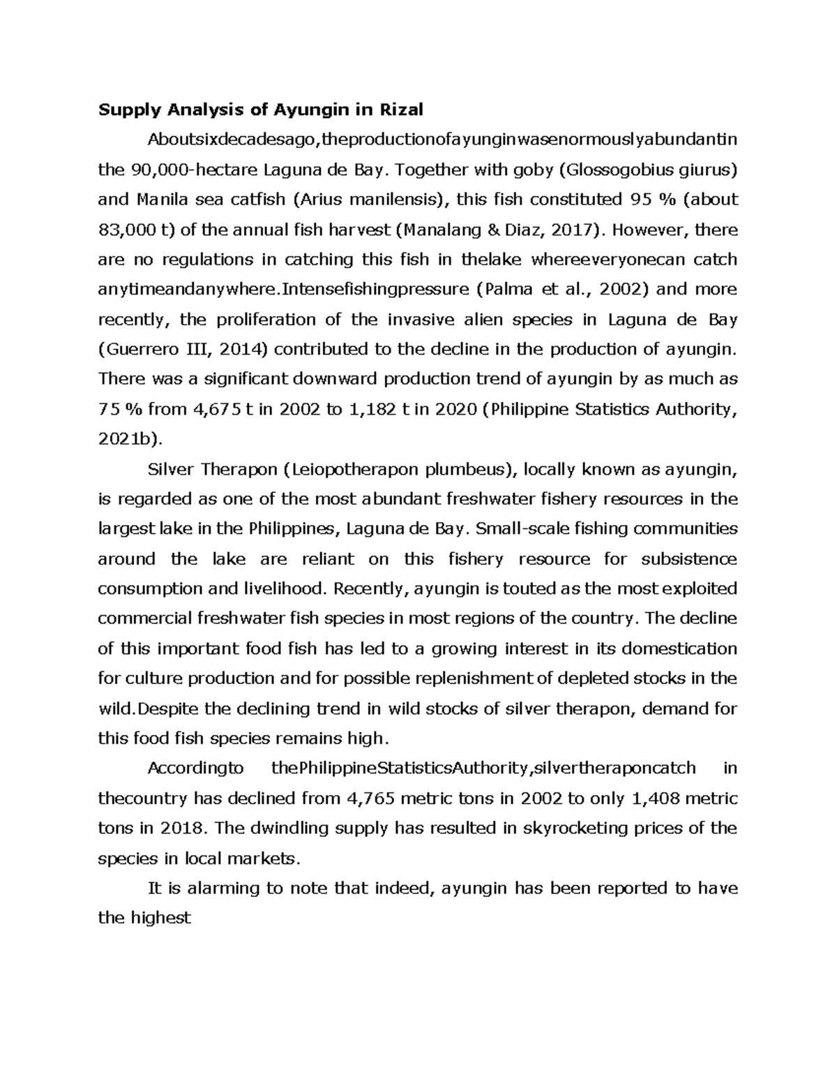 2Supply Analysis of Ayungin in Rizal-Economics - Supply Analysis of ...