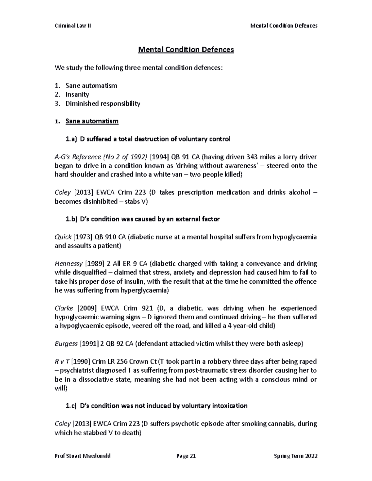 Sane automatism - handout - Criminal Law II Mental Condition Defences ...