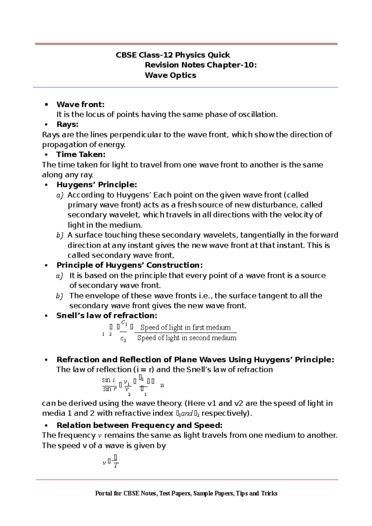 12 physics notes ch10 wave optics - CBSE Class-12 Physics Quick ...