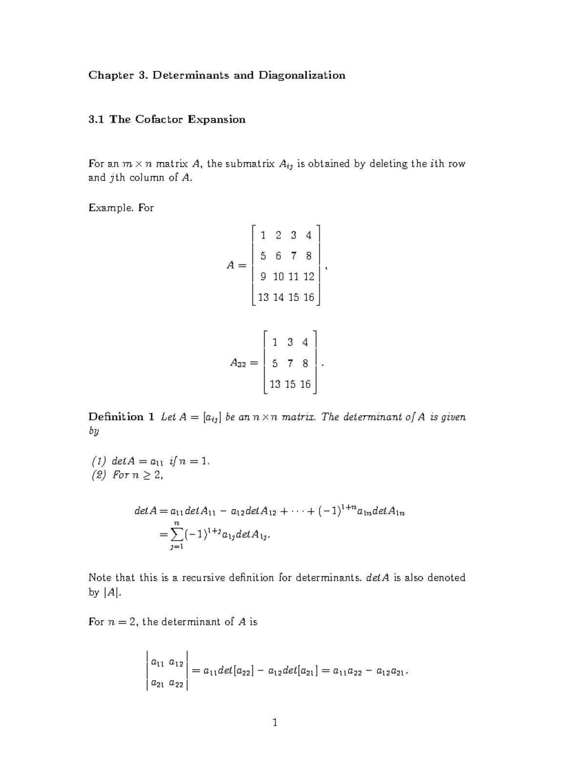 Math 122 (Note 3) - Determinant and Diagonalization - Chapter 3. Determinants and ...