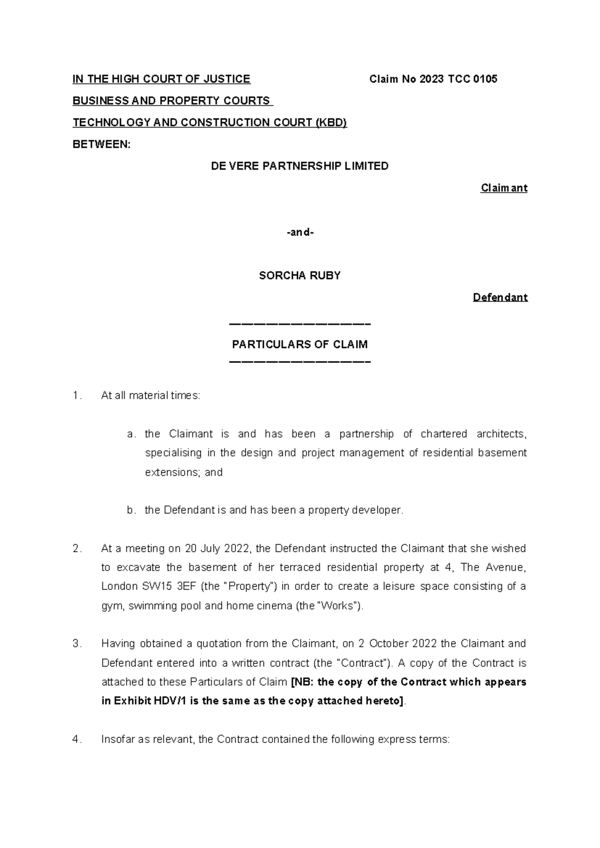 POC De vere - Particulars of claim - IN THE HIGH COURT OF JUSTICE Claim ...