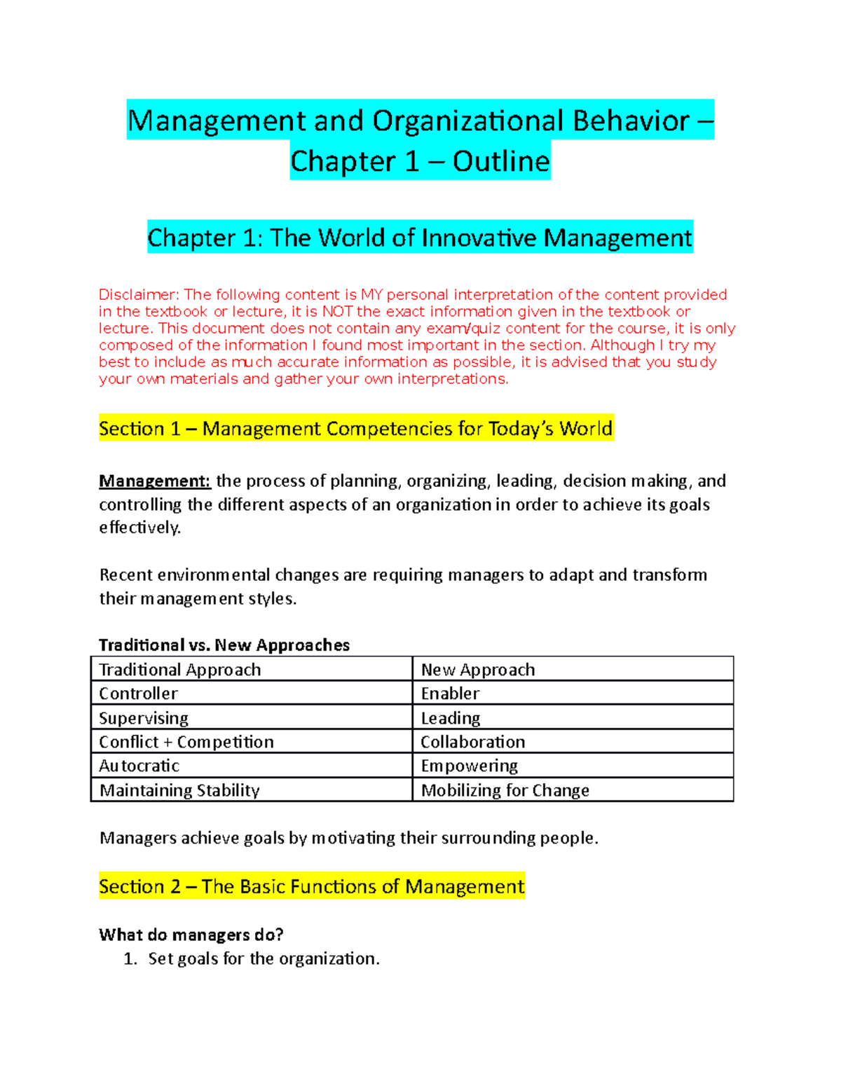 Management/Org. Behavior - Ch 1 - Outline - Management and ...