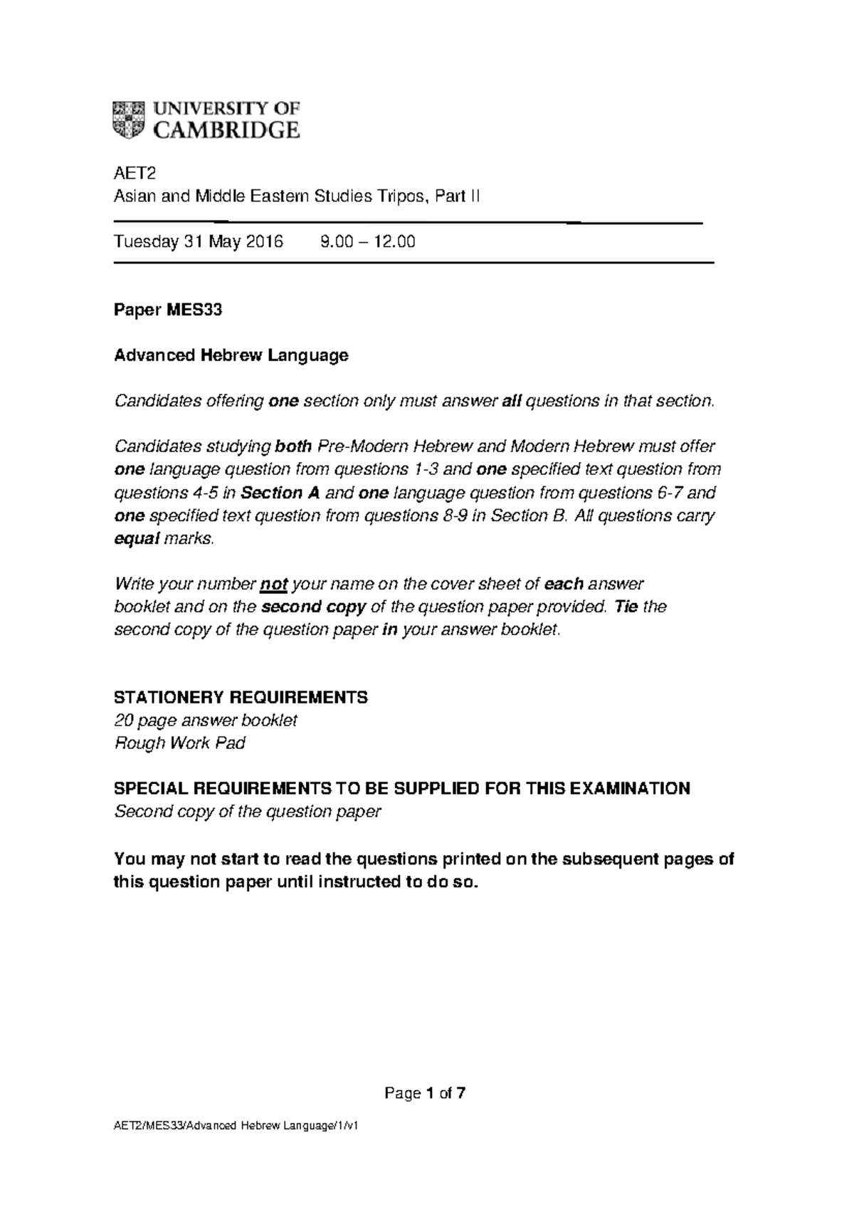 Exam 2016, questions - AET2 Asian and Middle Eastern Studies Tripos ...