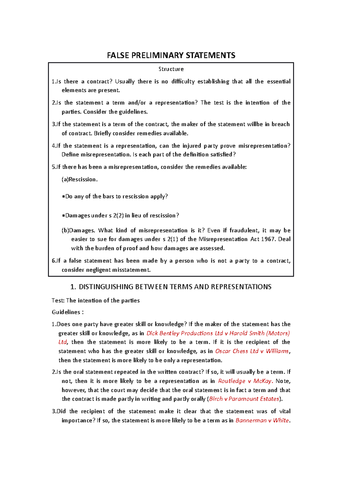 False Preliminary Statements - FALSE PRELIMINARY STATEMENTS Structure 1 ...