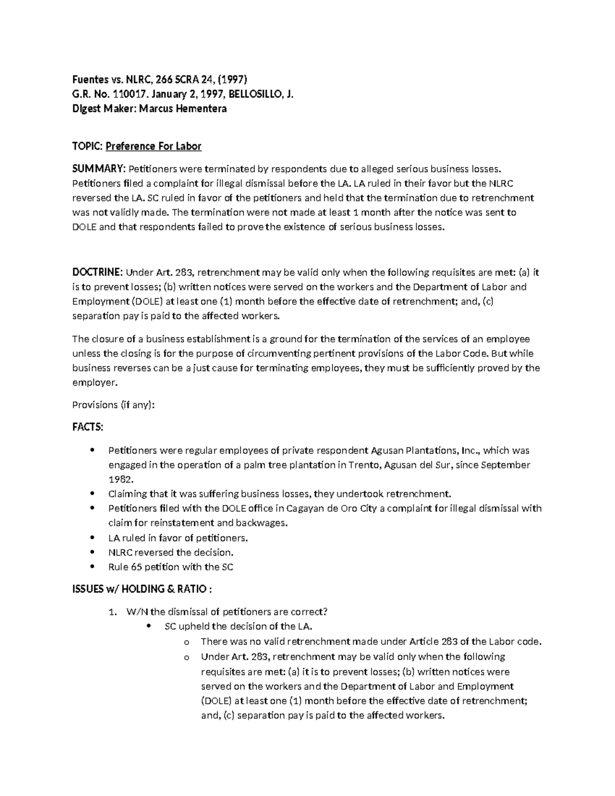 2. Fuentes vs. NLRC, G.R. No. 110017, January 2,1997 (Case Digest ...