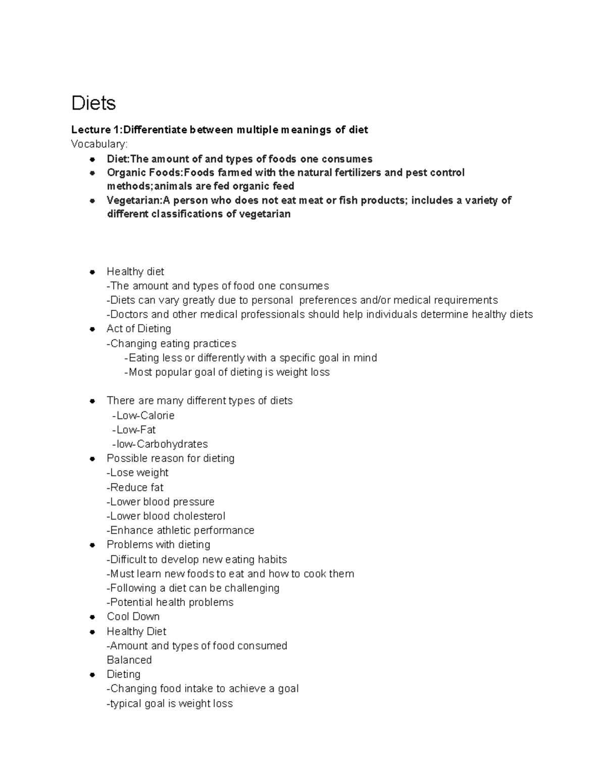 Lifetime Fitness Note Taking - Diets Lecture 1:Differentiate between ...