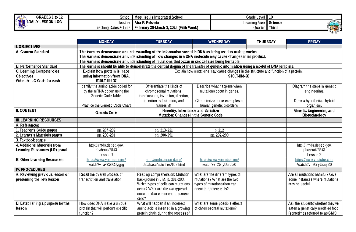 3RD-WEEK 5 - LESSON PLAN - GRADES 1 to 12 DAILY LESSON LOG School ...