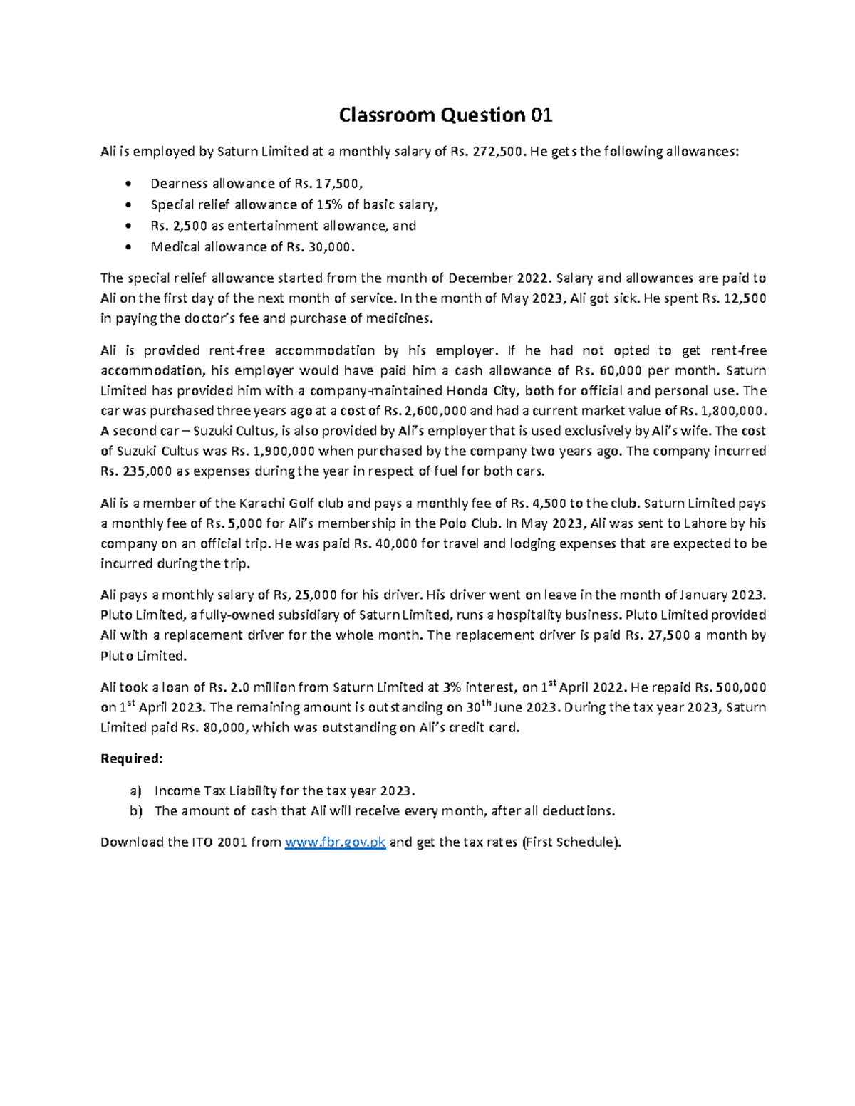 Classroom Question 01 Spring 23 - Classroom Question 01 Ali is employed ...