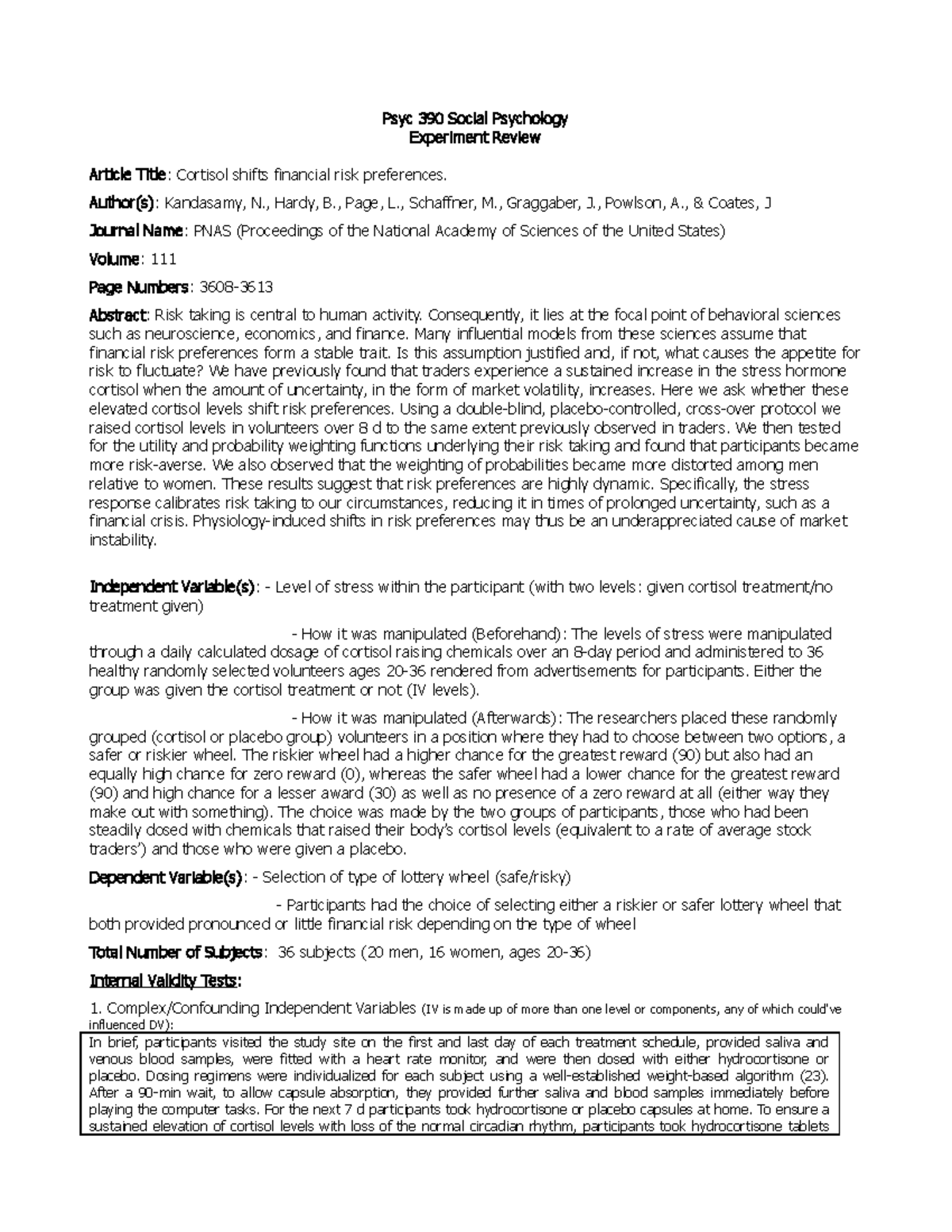 Psyc390 Experiment Review copy - Psyc 390 Social Psychology Experiment ...