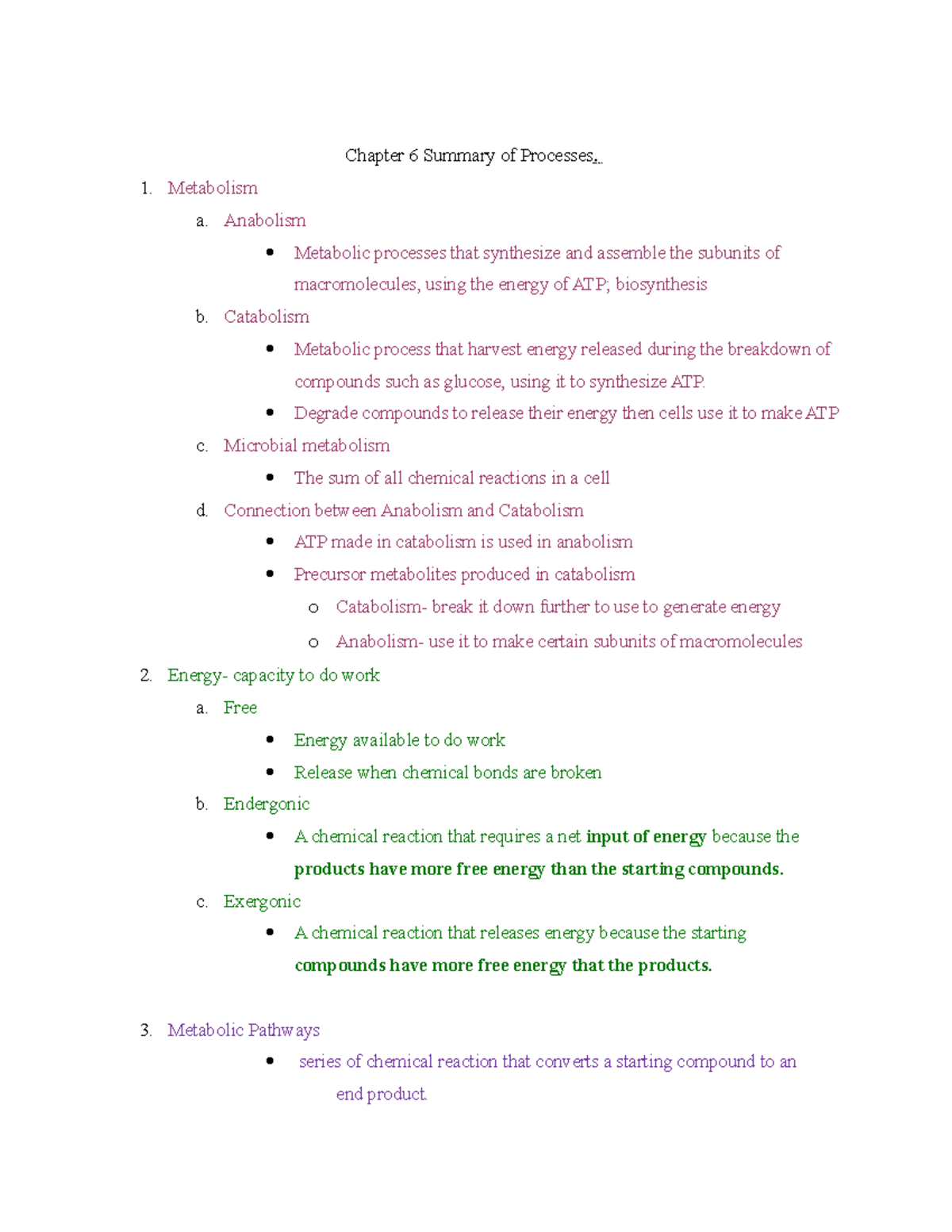 Ch6 summary - Chapter 6 Summary of Processes. Metabolism a. Anabolism ...