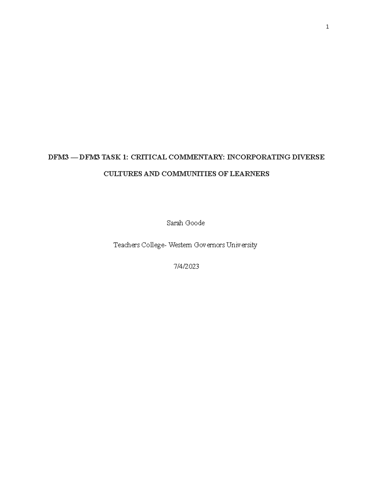 D090 Task 1 - DFM3 — DFM3 TASK 1: CRITICAL COMMENTARY: INCORPORATING ...