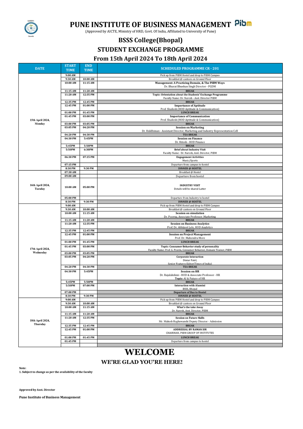 BSSS Bhopal, Student EXchange Program Schedule(15th - 18th April 2024 ...