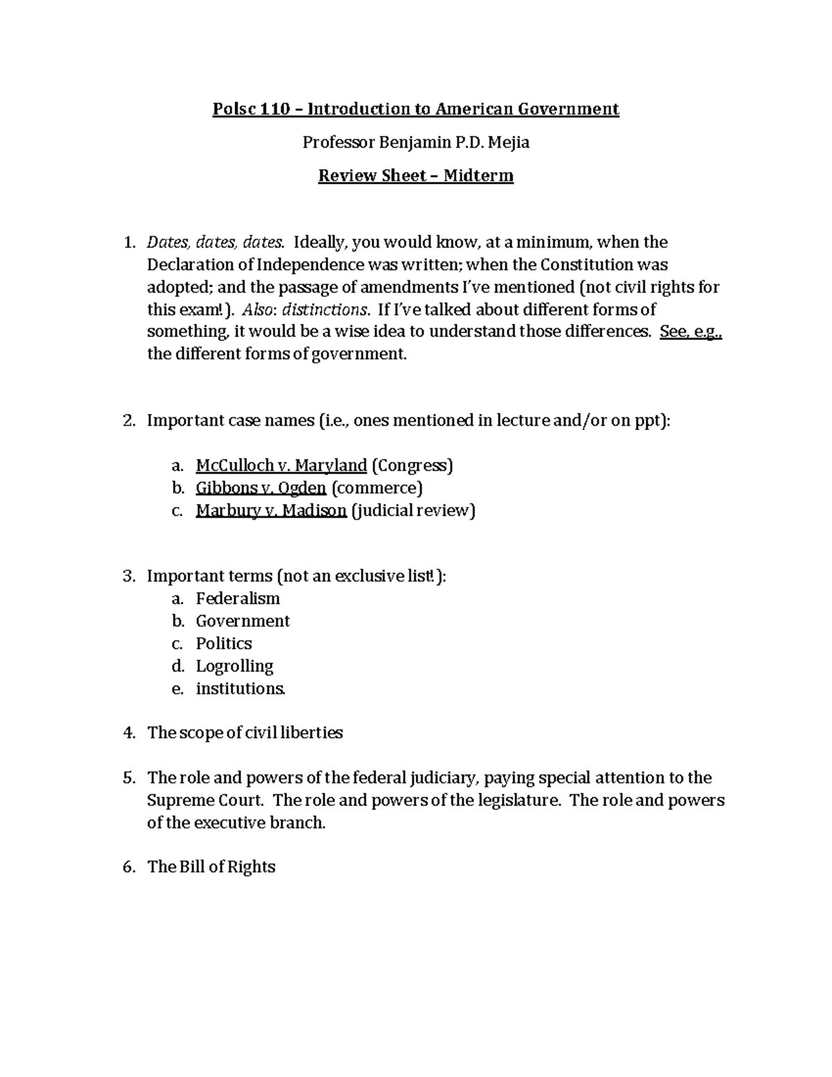 Polsc 110 - Midterm Review Sheet - Polsc 110 – Introduction to American ...