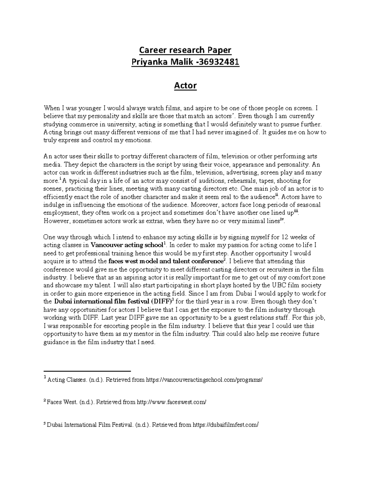 Career research Paper - Career research Paper Priyanka Malik - Actor ...