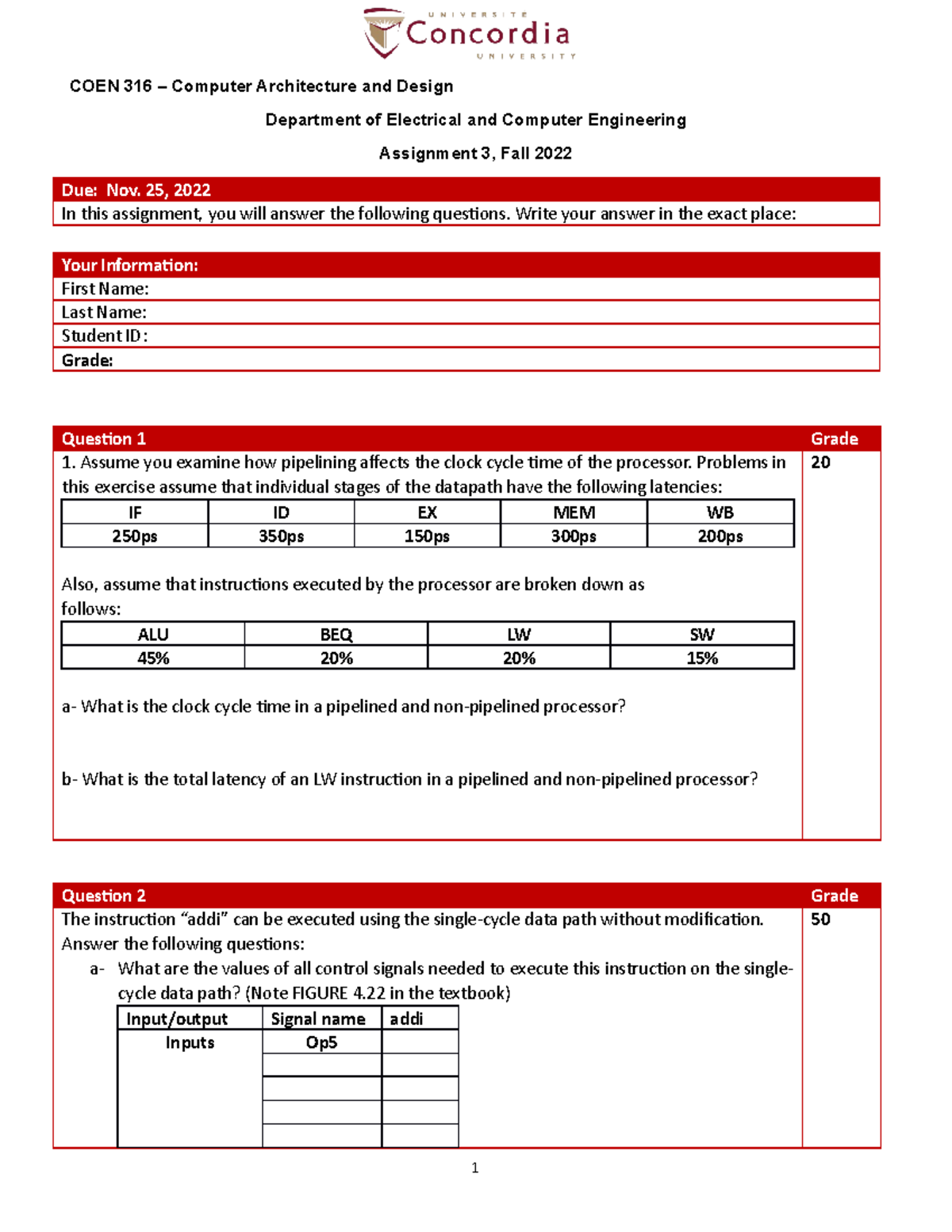 Assignment 3 - COEN 316 – Computer Architecture and Design Department of Electrical and Computer ...