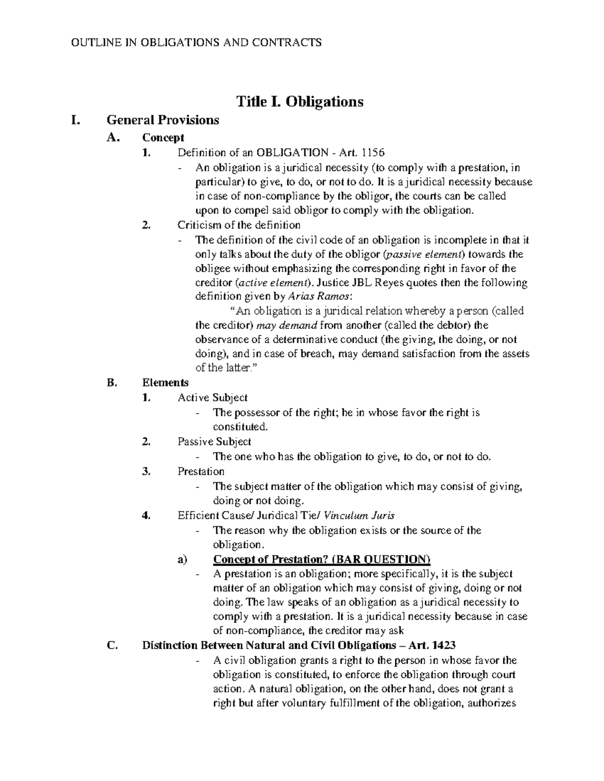 Outline of Topics - OUTLINE IN OBLIGATIONS AND CONTRACTS Title I ...