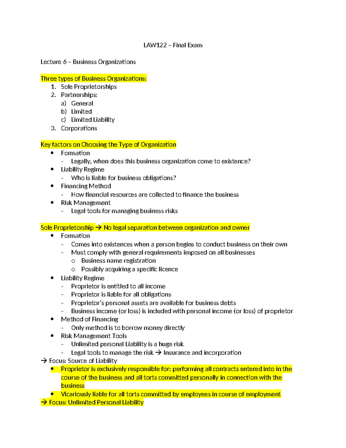 LAW122 - Final Review - LAW122 – Final Exam Lecture 6 – Business ...