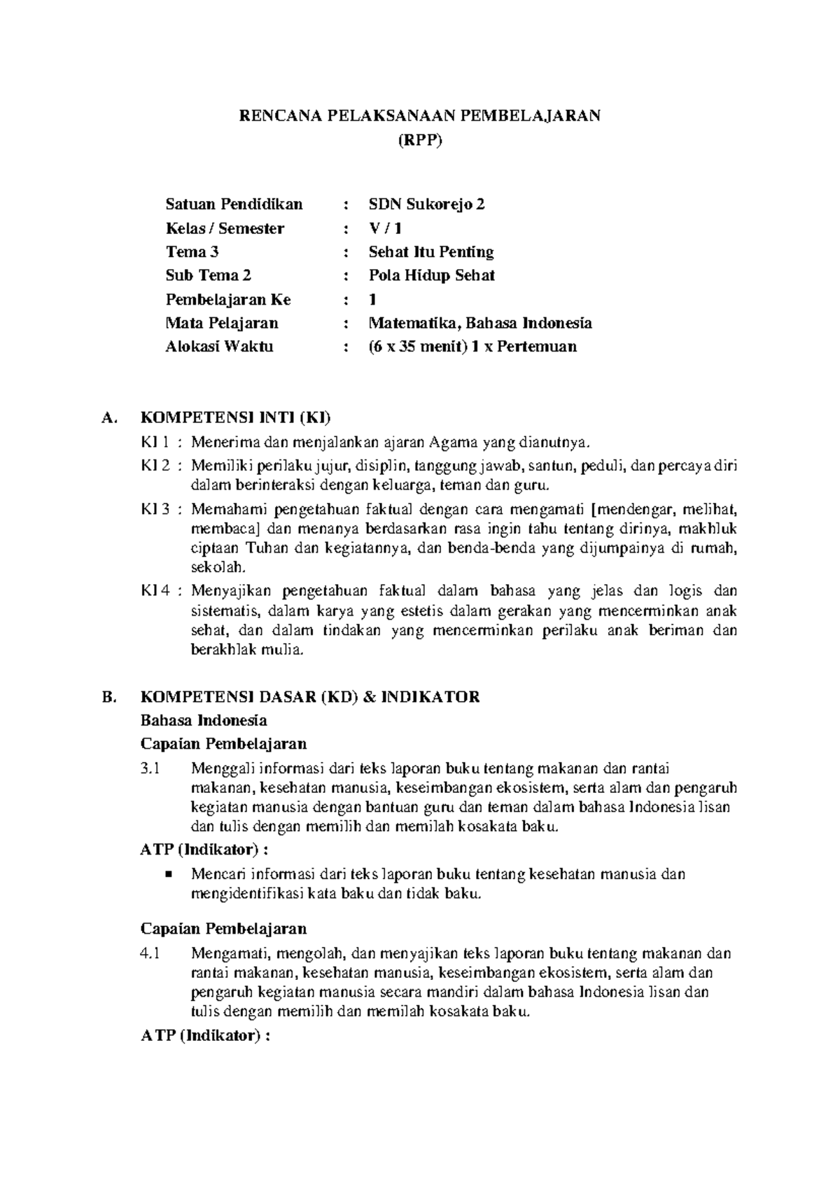 RPP Kelas 5 - Praktik Pembuatan RPP Pendidikan - RENCANA PELAKSANAAN ...