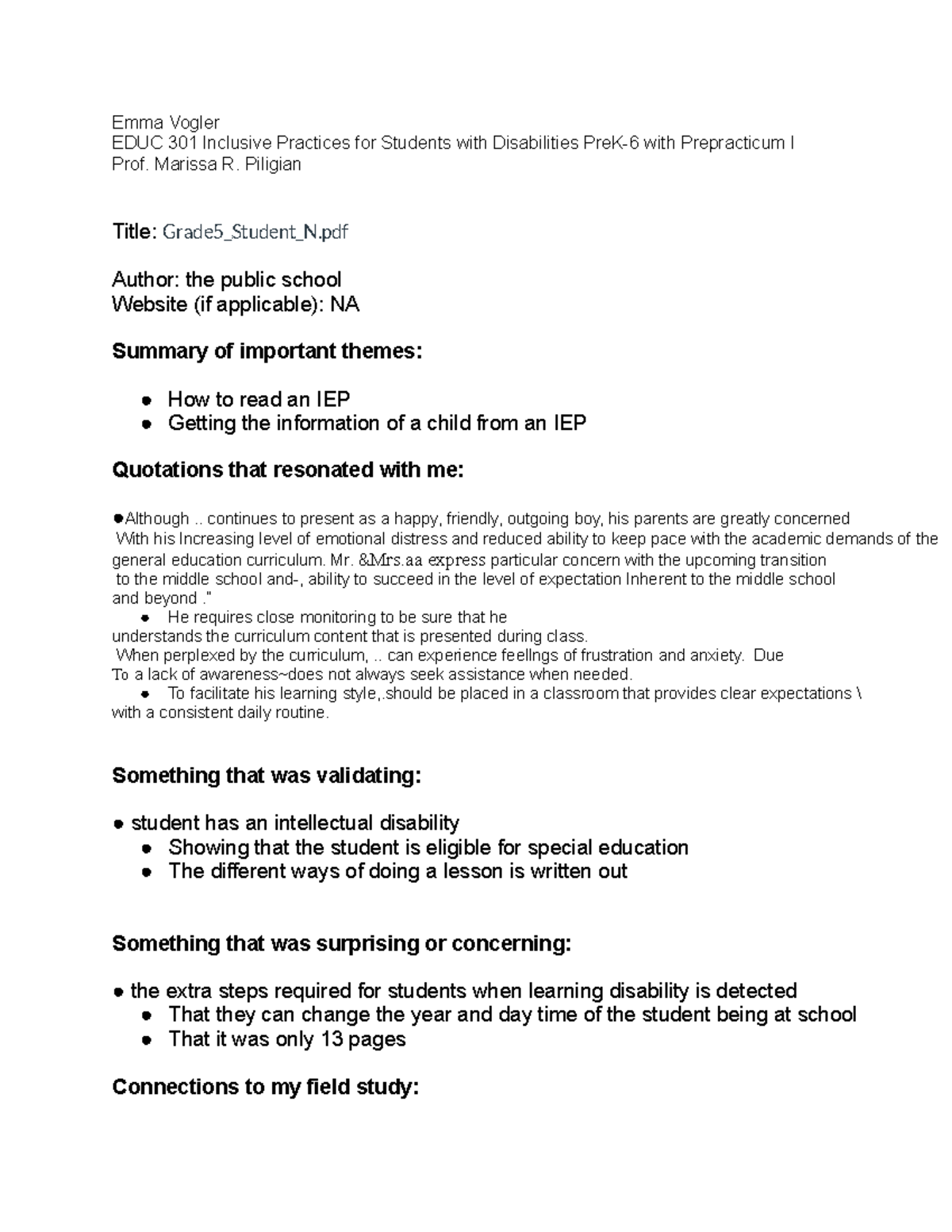Note sheet Grade 5 Student N - Emma Vogler EDUC 301 Inclusive Practices ...