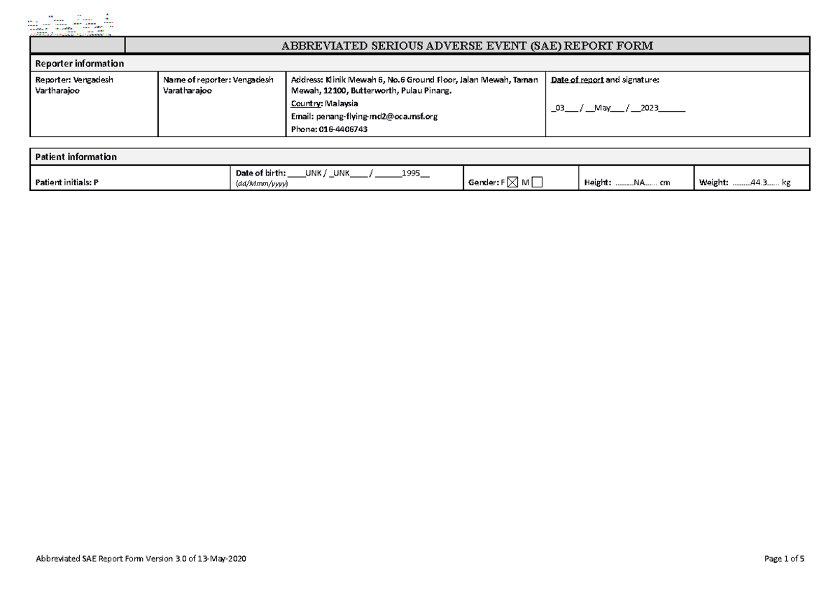 PV Report Form SAE GN F01 - Reporter information Reporter: Vengadesh ...