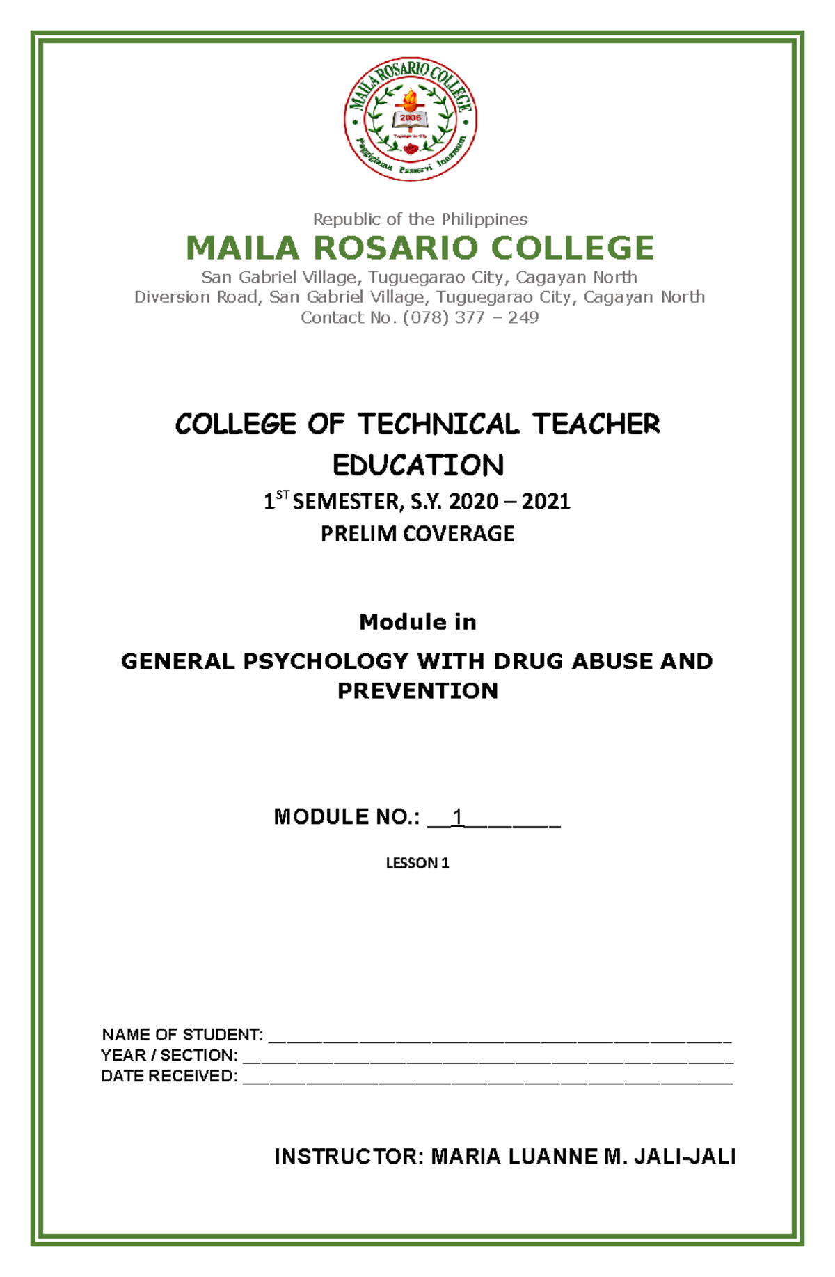 College OF BTTE Genpsy Module 1 - COLLEGE OF TECHNICAL TEACHER ...