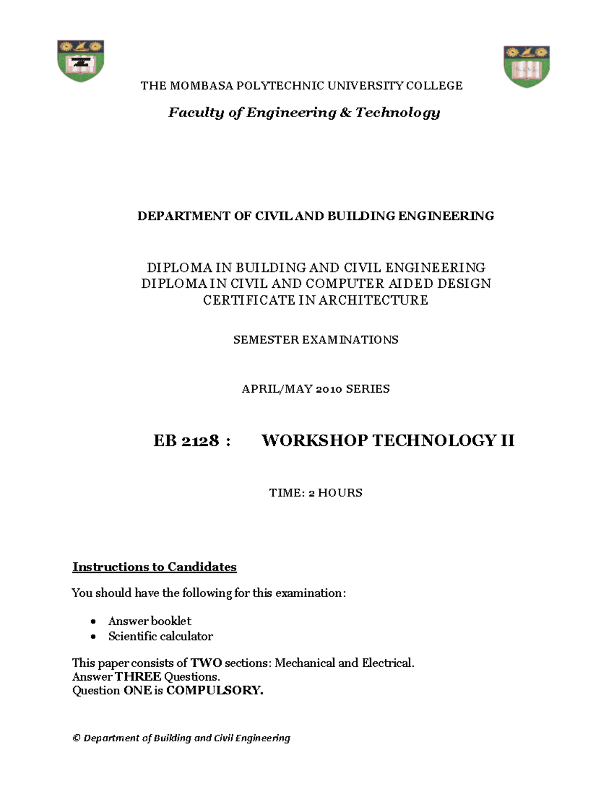 Workshop Technology II - © Department of Building and Civil Engineering ...