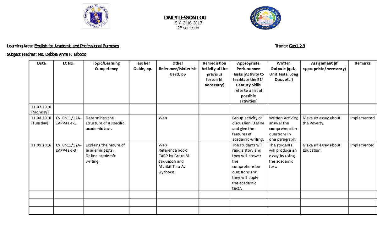 2nd Eaap DLL - example - DAILY LESSON LOG S. 2016- 2 nd semester ...