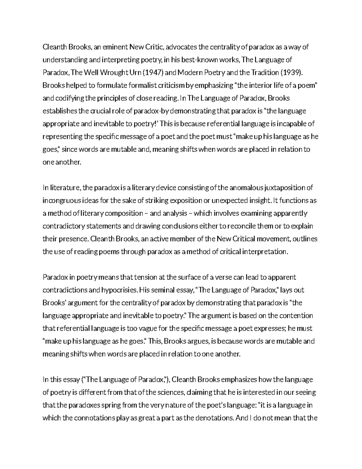 Cleanth Brooks The Language of Paradox - Cleanth Brooks, an eminent New ...