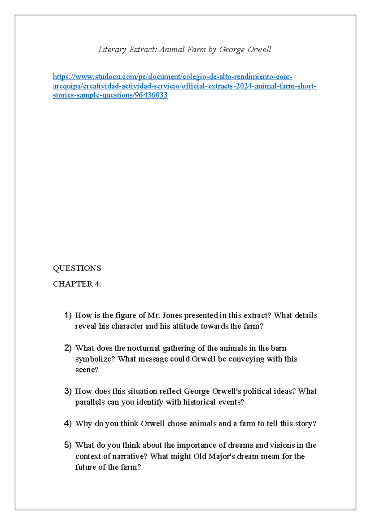 Animal FARM I - Literary Extract: Animal Farm by George Orwell - Studocu