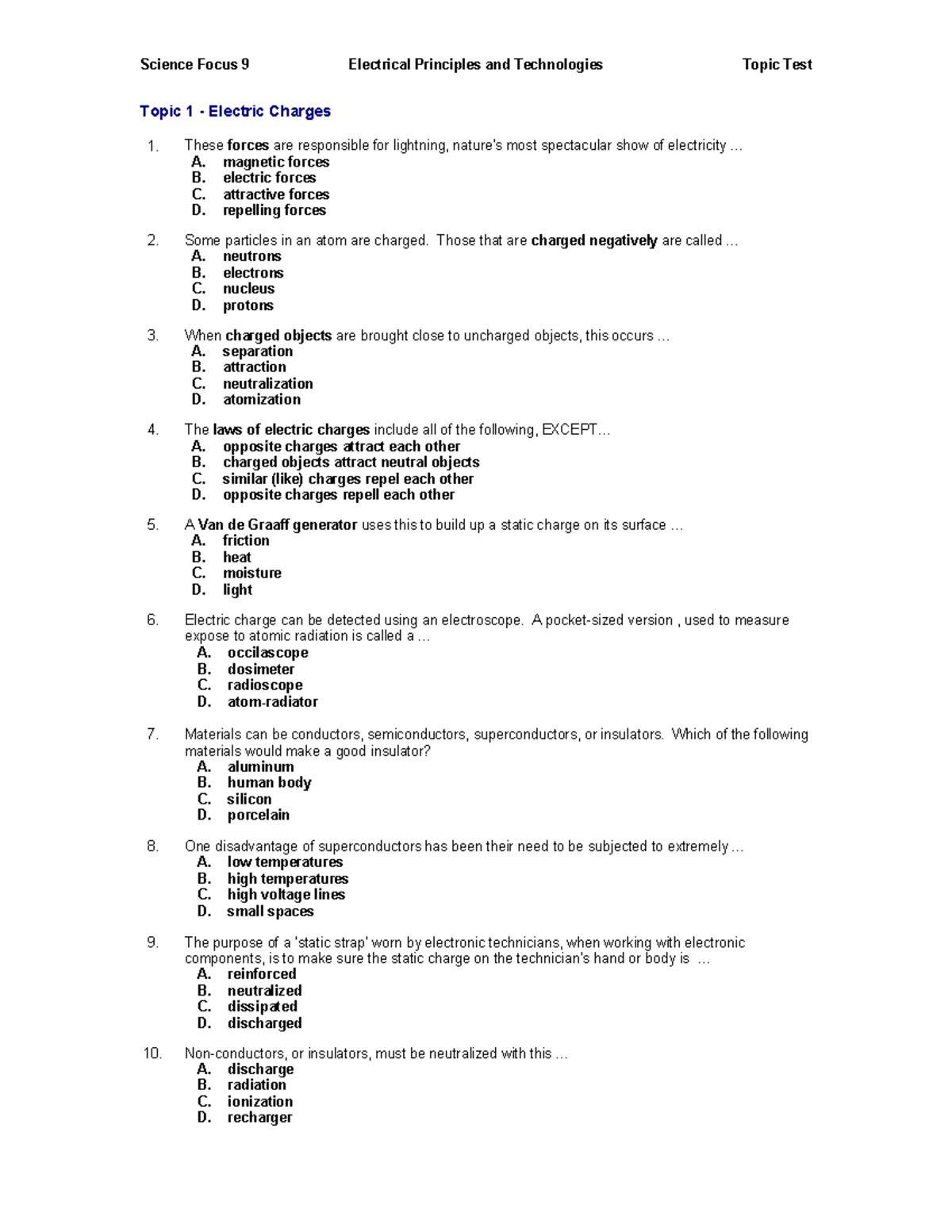 Electric Charges Practice Test - Studocu