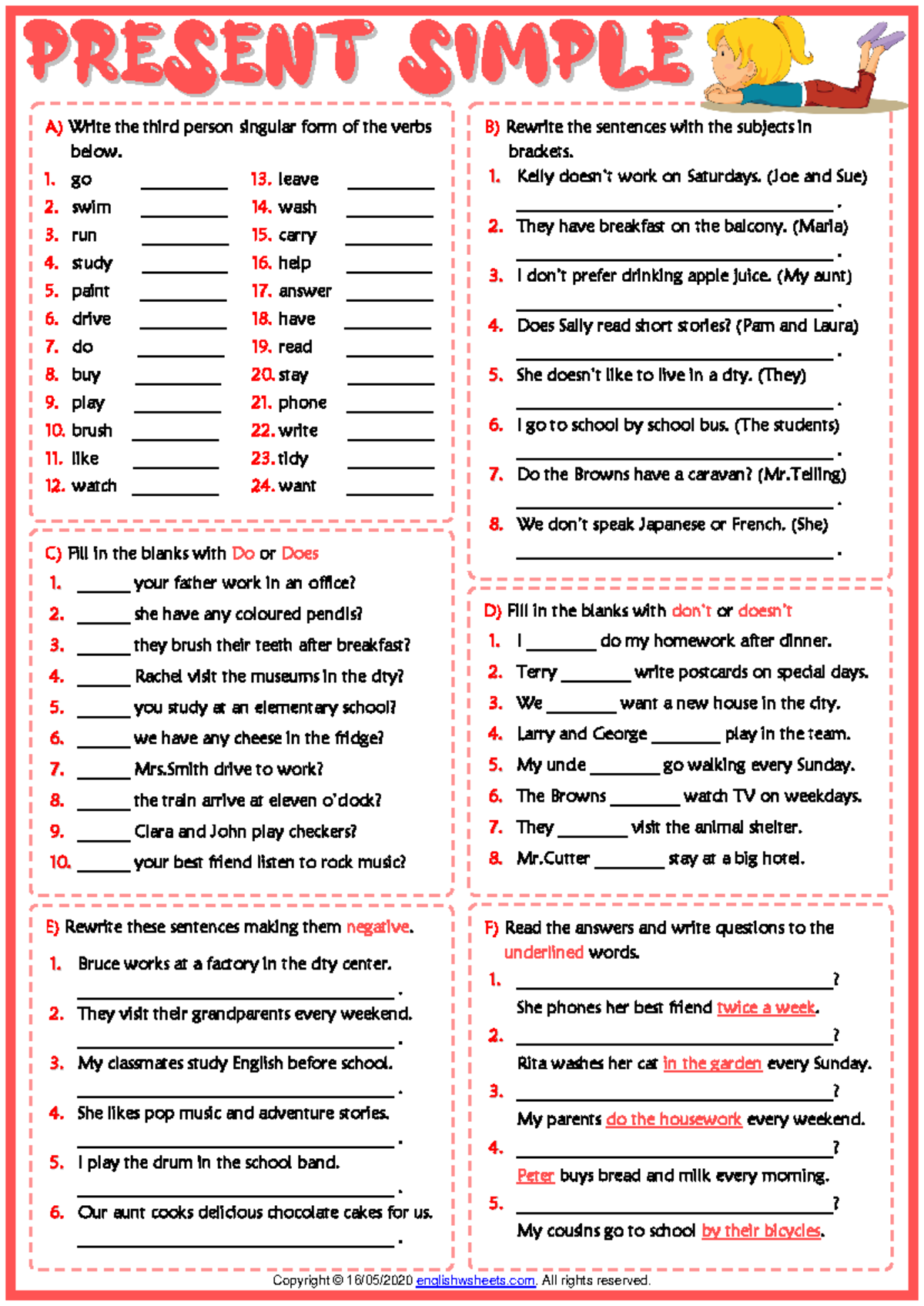 Present simple tense esl printable grammar test worksheet - A) Write ...