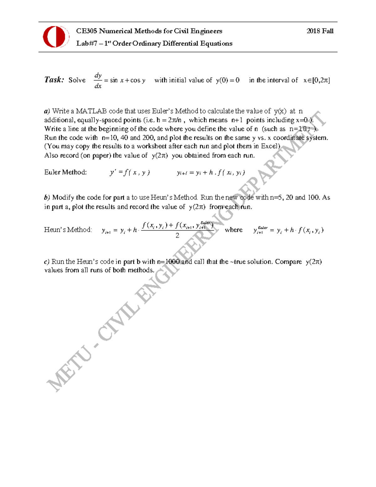 Lab7 task - lab handout - Numerical Methods - METU - Studocu