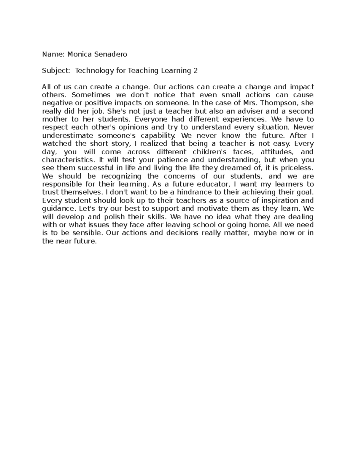 TTL 2 - This is a reflection about the short story of Mrs. Thompson and ...