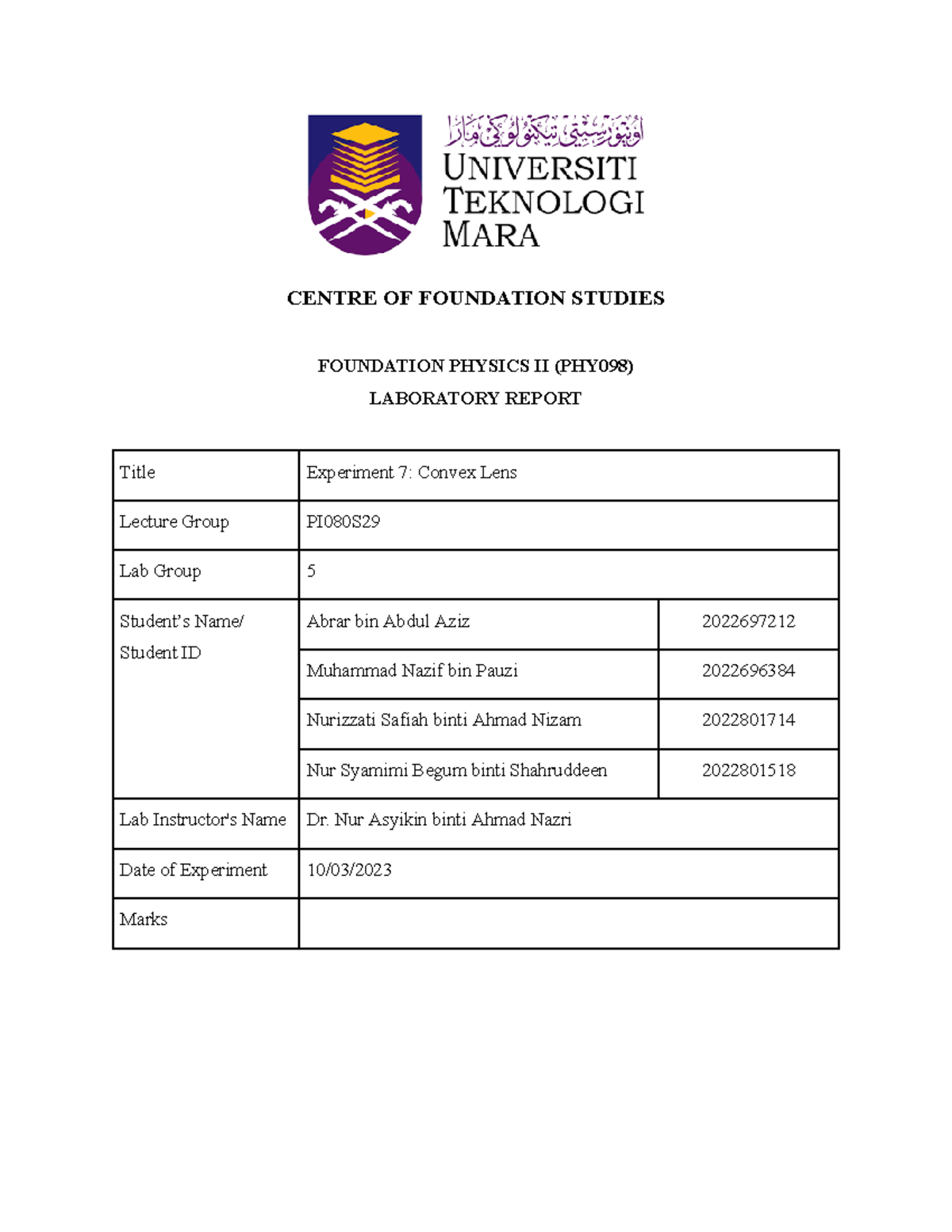 Experiment 7 Convex LENS - CENTRE OF FOUNDATION STUDIES FOUNDATION PHYSICS II (PHY098 ...