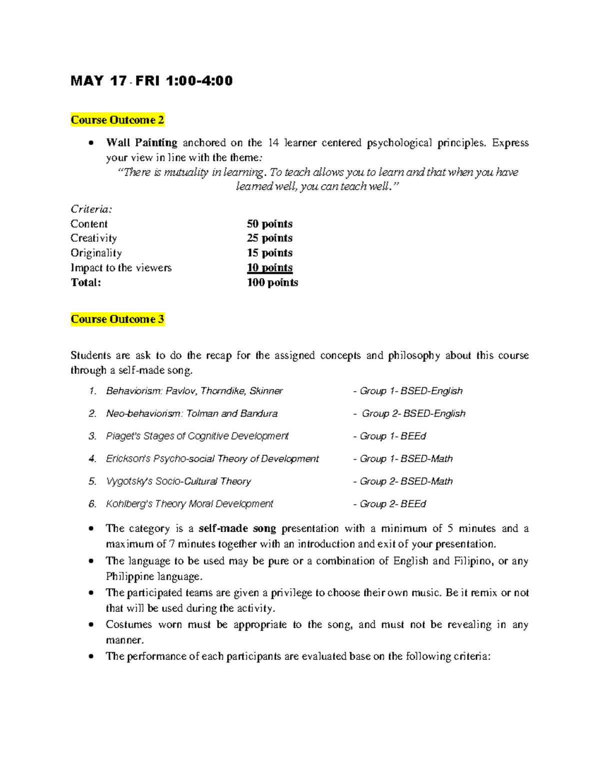 Student Culmination Program Rubrics Educ 4 - MAY 17 - FRI 1:00-4 ...