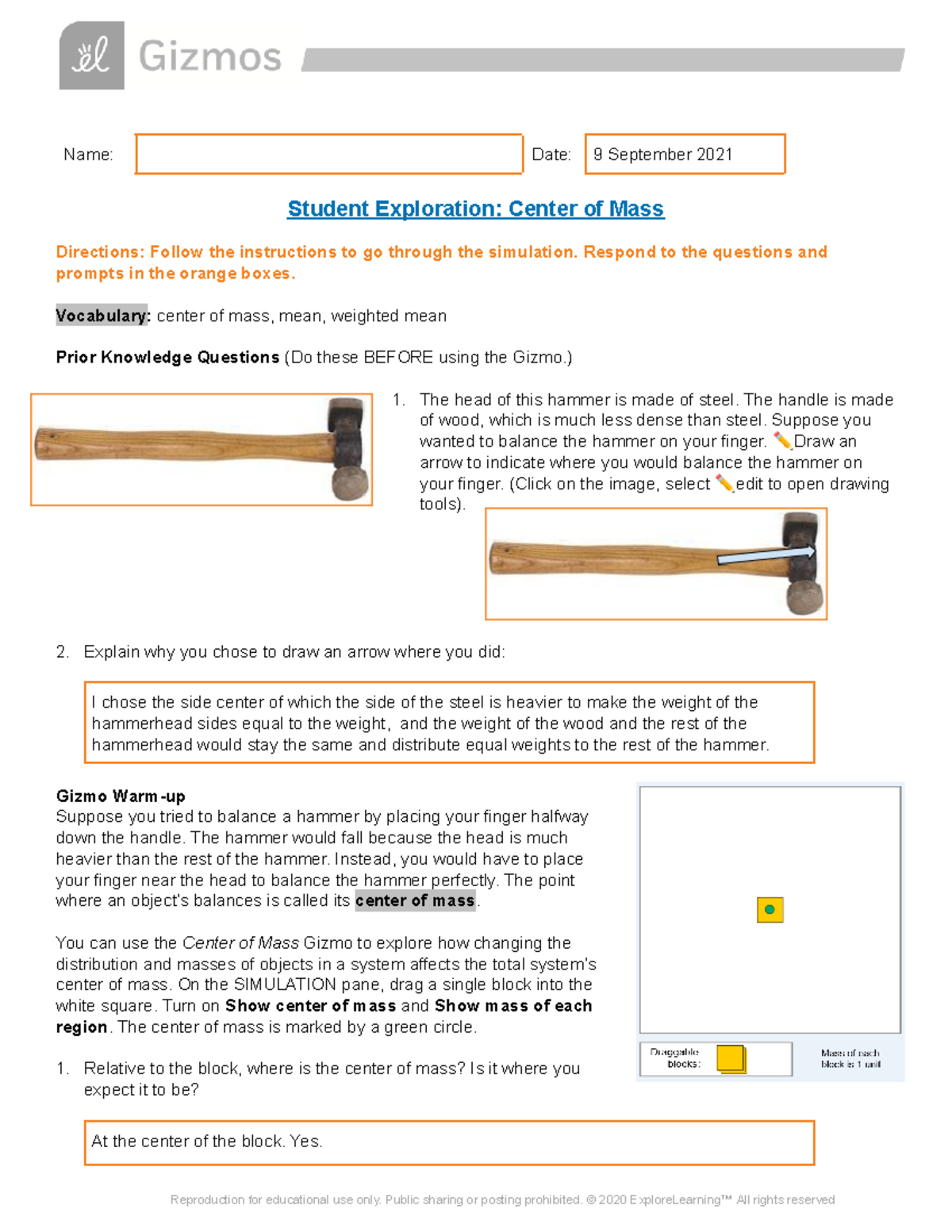 Center of Mass Notes and Gizmo Activity - Medical Technology - SWU ...