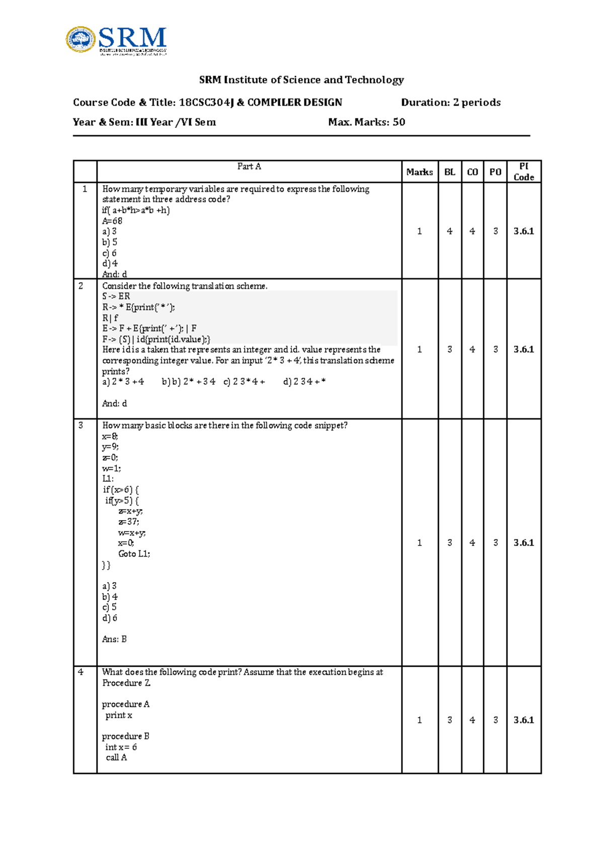 Set A Answer Key Srm Institute Of Science And Technology Course Code And Title 18csc304j