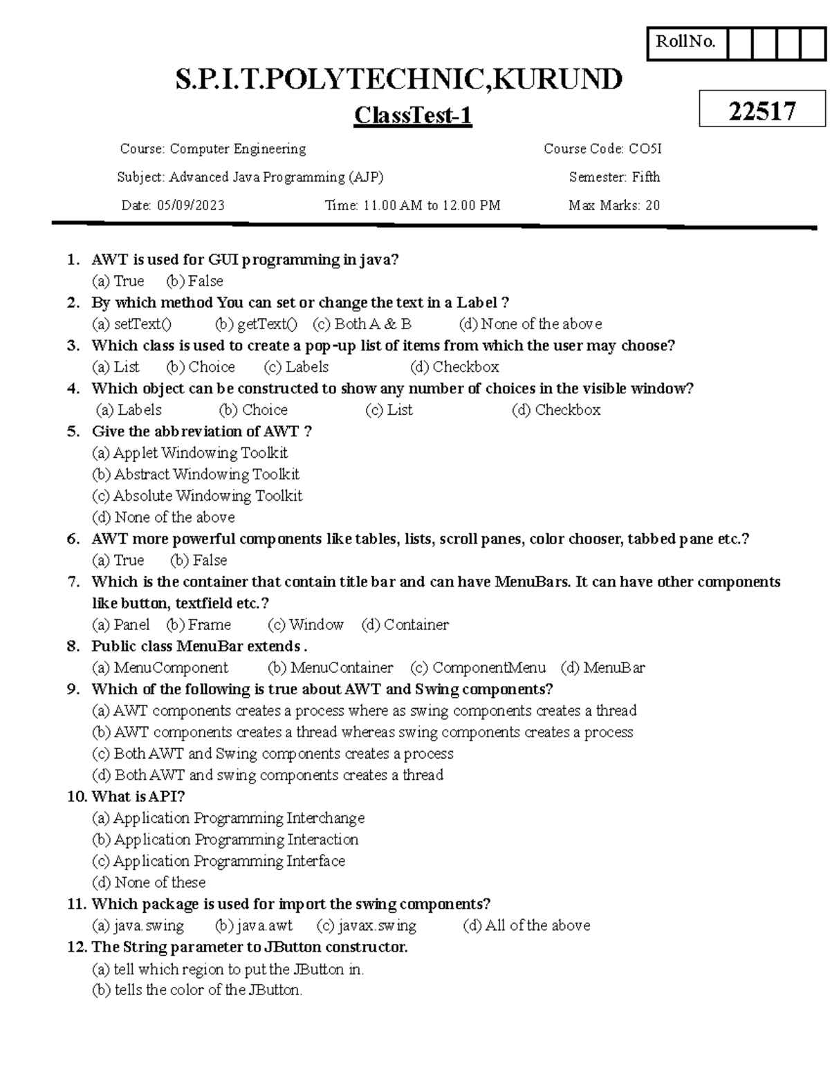 AJP - Question Paper - RollNo. S.P.I.T,KURUND ClassTest- Course ...