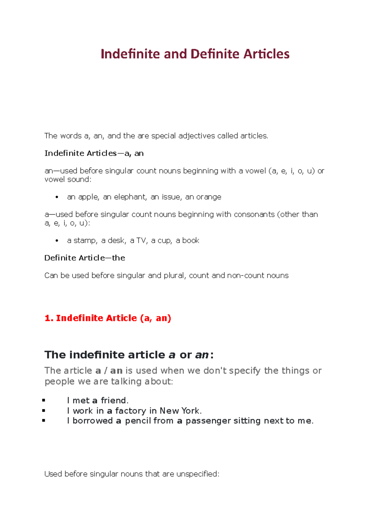 Indefinite and Definite Articles - Indefinite Articles—a, an an—used ...