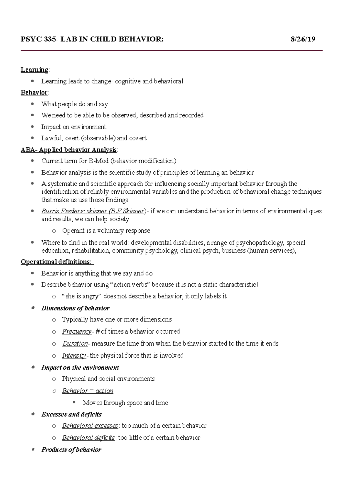 Class Notes - PSYC 335- LAB IN CHILD BEHAVIOR: 8/26/ Learning ...