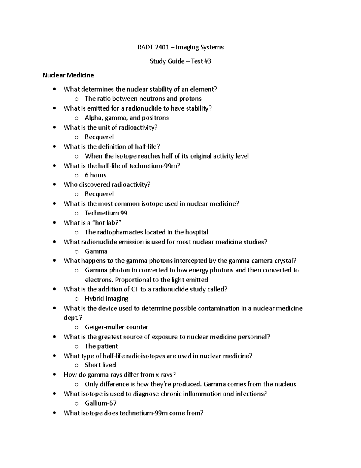 RADT 2401. Test #3 Study Guide - RADT 2401 – Imaging Systems Study ...